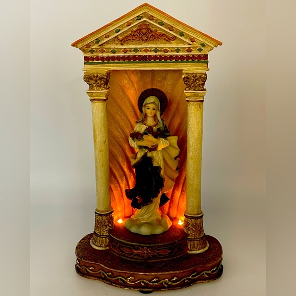 Accents | Lighted Shrine Statue Of Madonna Virgin Mary Red Roses Cross ...